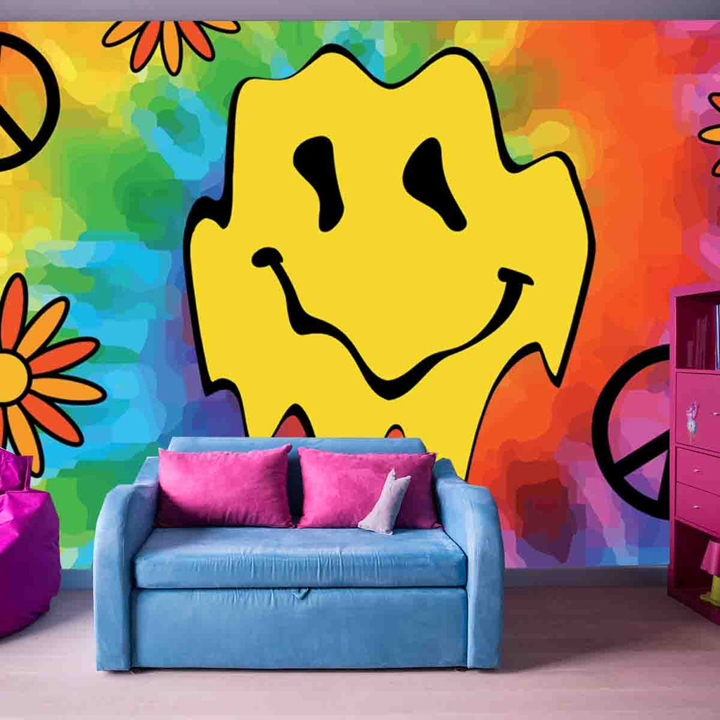 70s Retro Groovy Smiley Face Illustration with Rainbow Background Wall ...