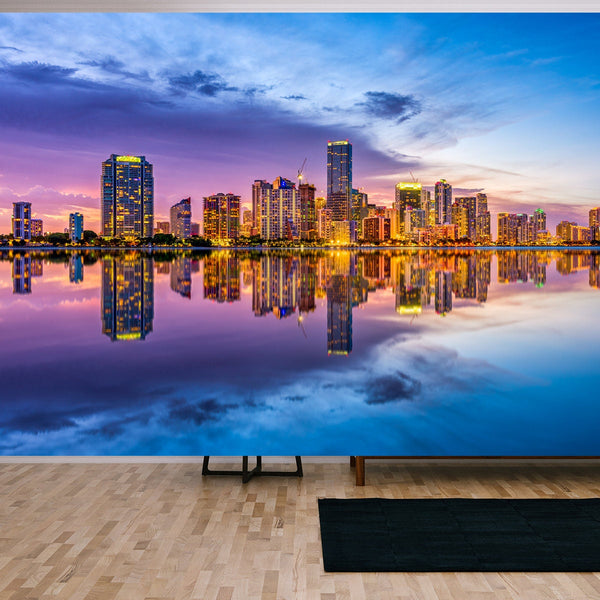 Miami, Florida, USA Skyline on Biscayne Bay Wallpaper Living Room Mura ...